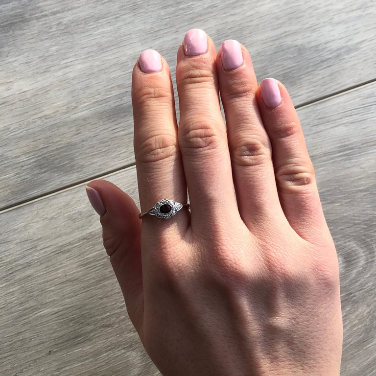 Art Deco Garnet and Diamond 9 Carat Gold Panel Ring at 1stDibs