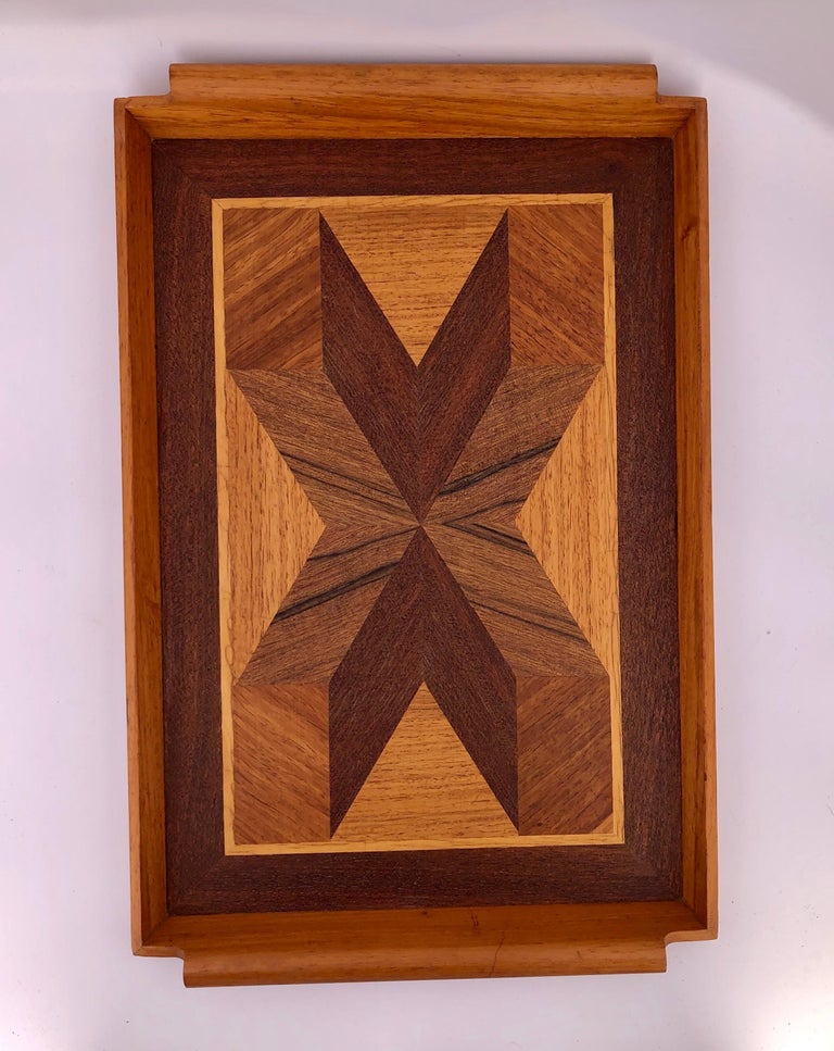 Art Deco Geometric Marquetry Wood Tray in Mahogany at 1stDibs