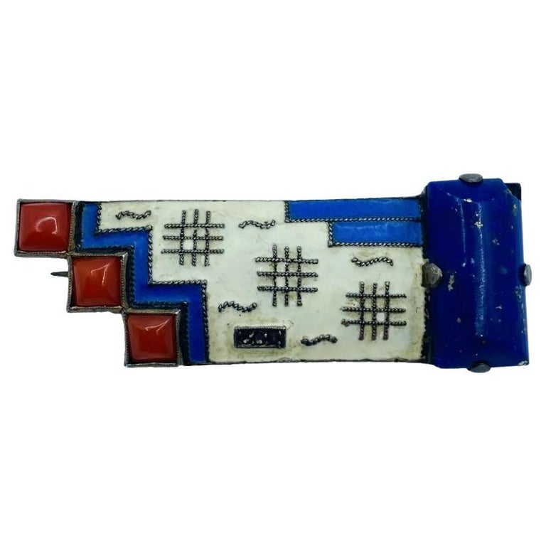 Art-Deco German Sterling Silver Enamel Coral Lapis Brooch Pin For Sale ...
