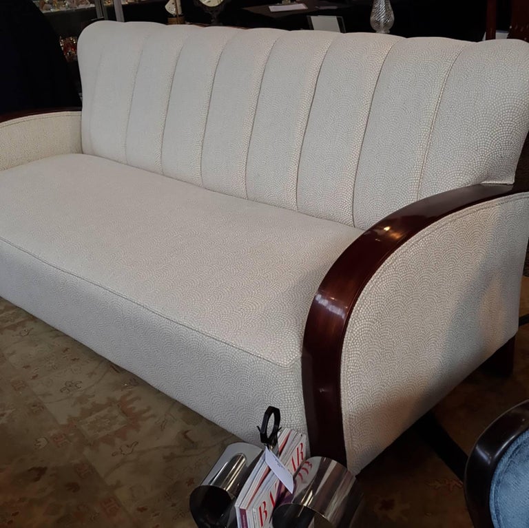 Champagne Ivory Art Deco German Three-Seat Sofa with Bent Wooden Arms ...