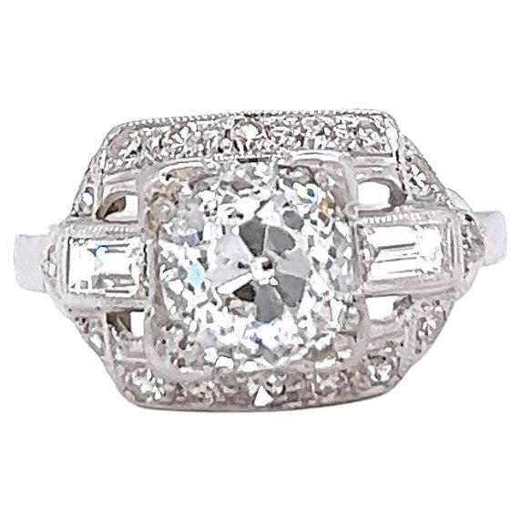 Art Deco Style Old Mine Cut Diamond Ruby Platinum Ring For Sale at 1stDibs