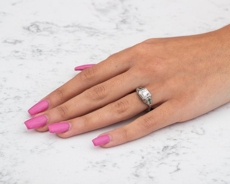 Art Deco GIA Diamond and Emerald Arrow Filigree 18 Karat White Gold ...