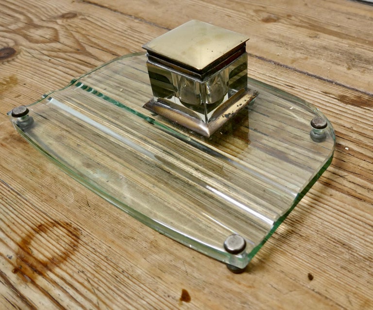 Art Deco Glass and Brass Desk Inkwell with Pen Rest For Sale at 1stDibs