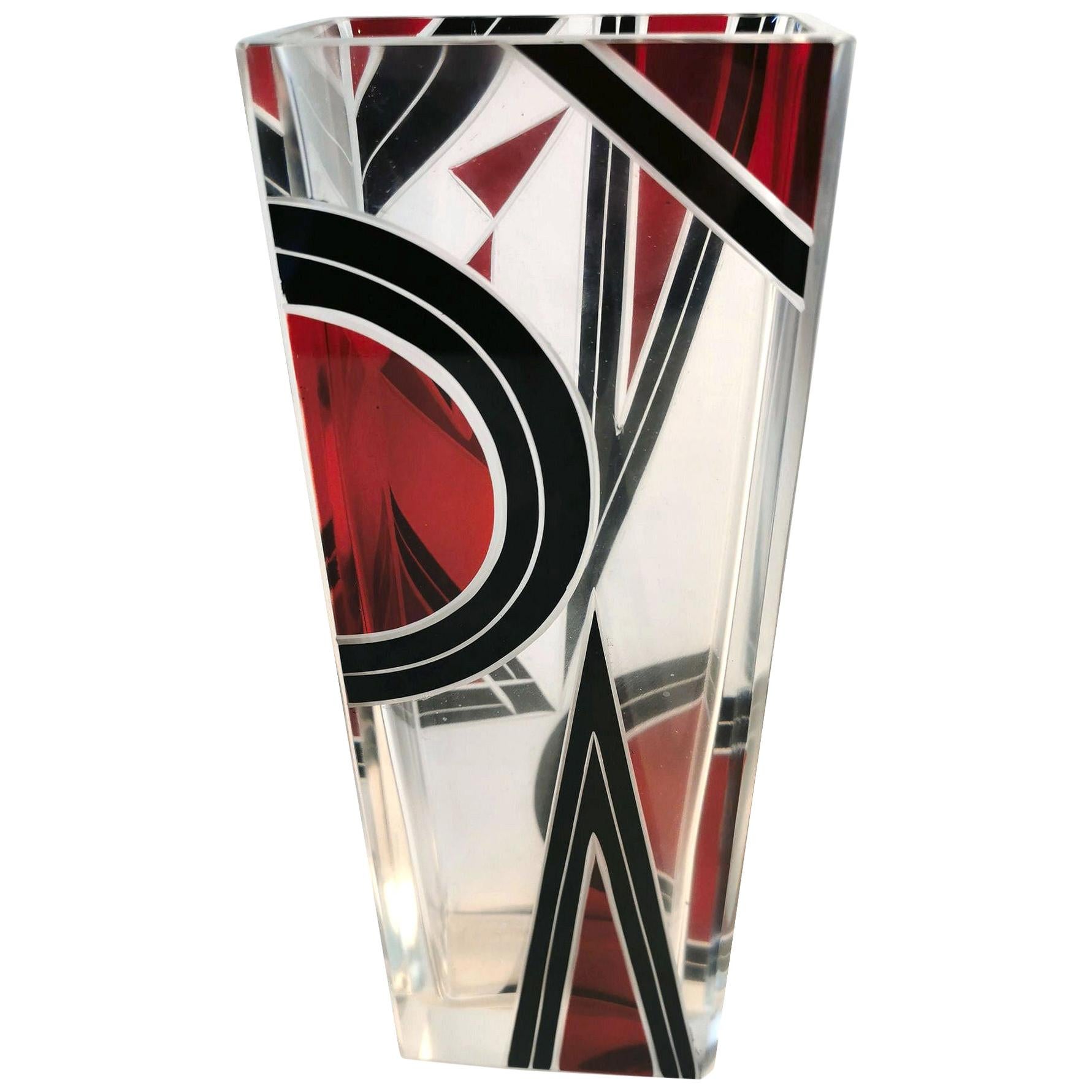 Art Deco Glass and Enamel Etched Geometric Vase at 1stDibs