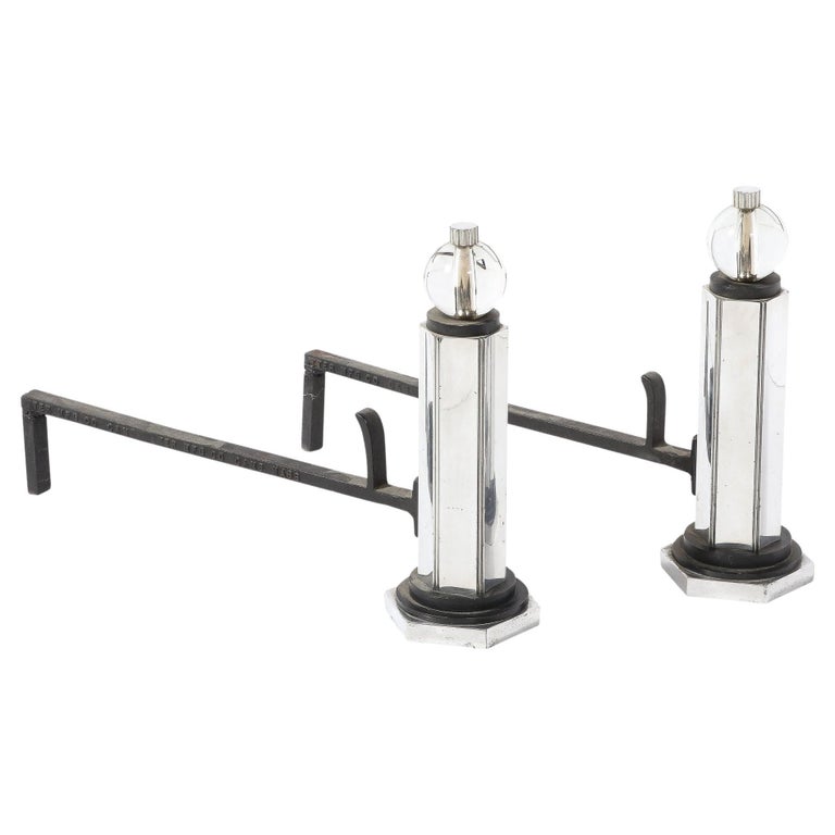 Art Deco Glass Ball, Polished Chrome and Black Enamel Fire Dogs by ...