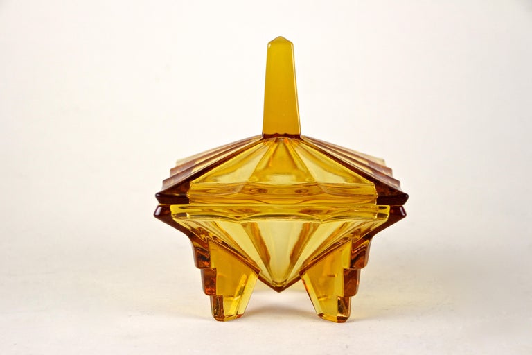 Art Deco Glass Box With Lid Amber Colored Austria Circa 1920 For Sale