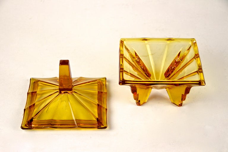Art Deco Glass Box With Lid Amber Colored Austria Circa 1920 For Sale