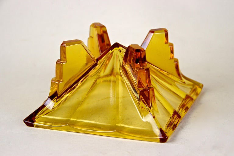 Art Deco Glass Box With Lid Amber Colored Austria Circa 1920 For Sale