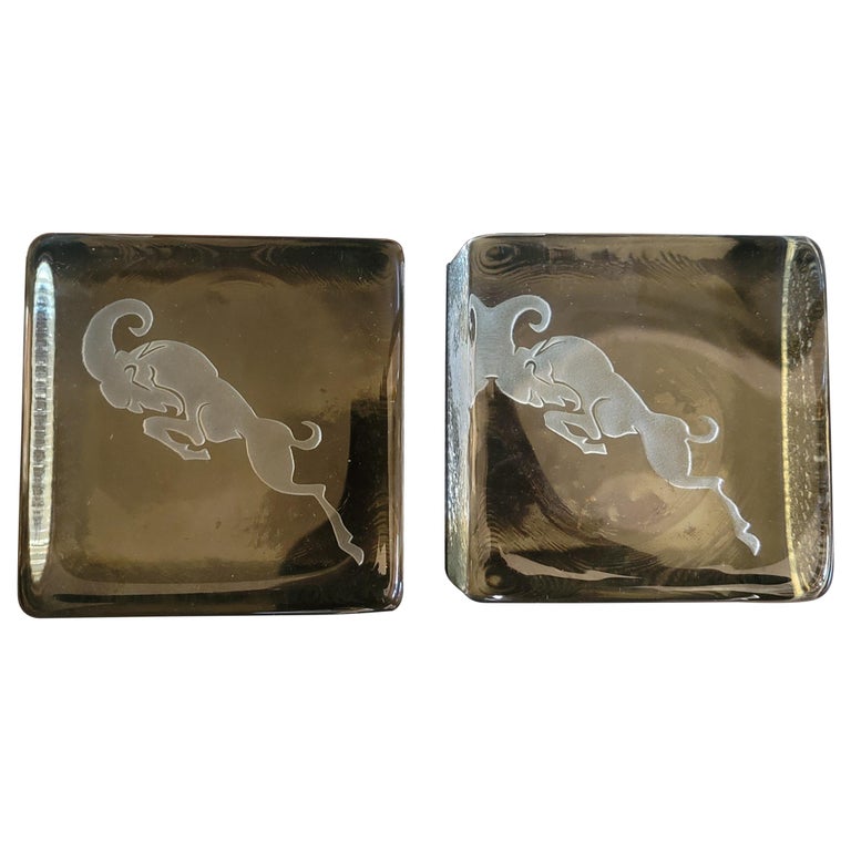 Art Deco Glass Brick Figural Etched Ram Bookends For Sale at 1stDibs ...