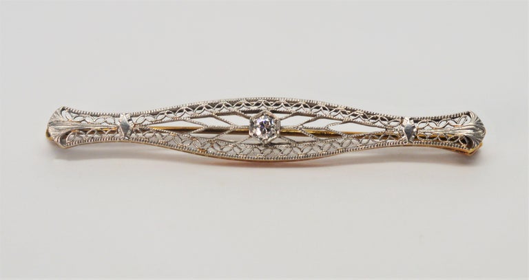 Art Deco Style Gold Filigree Bar Pin with Diamond Feature For Sale at ...