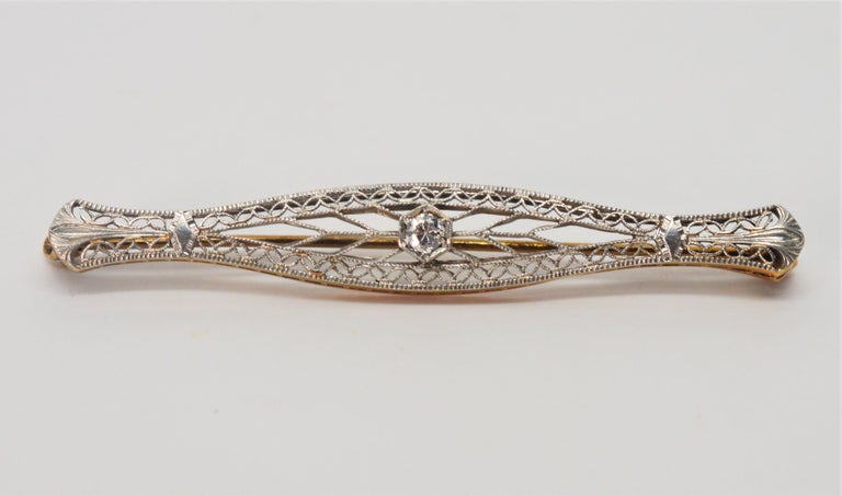 Art Deco Style Gold Filigree Bar Pin with Diamond Feature For Sale at ...