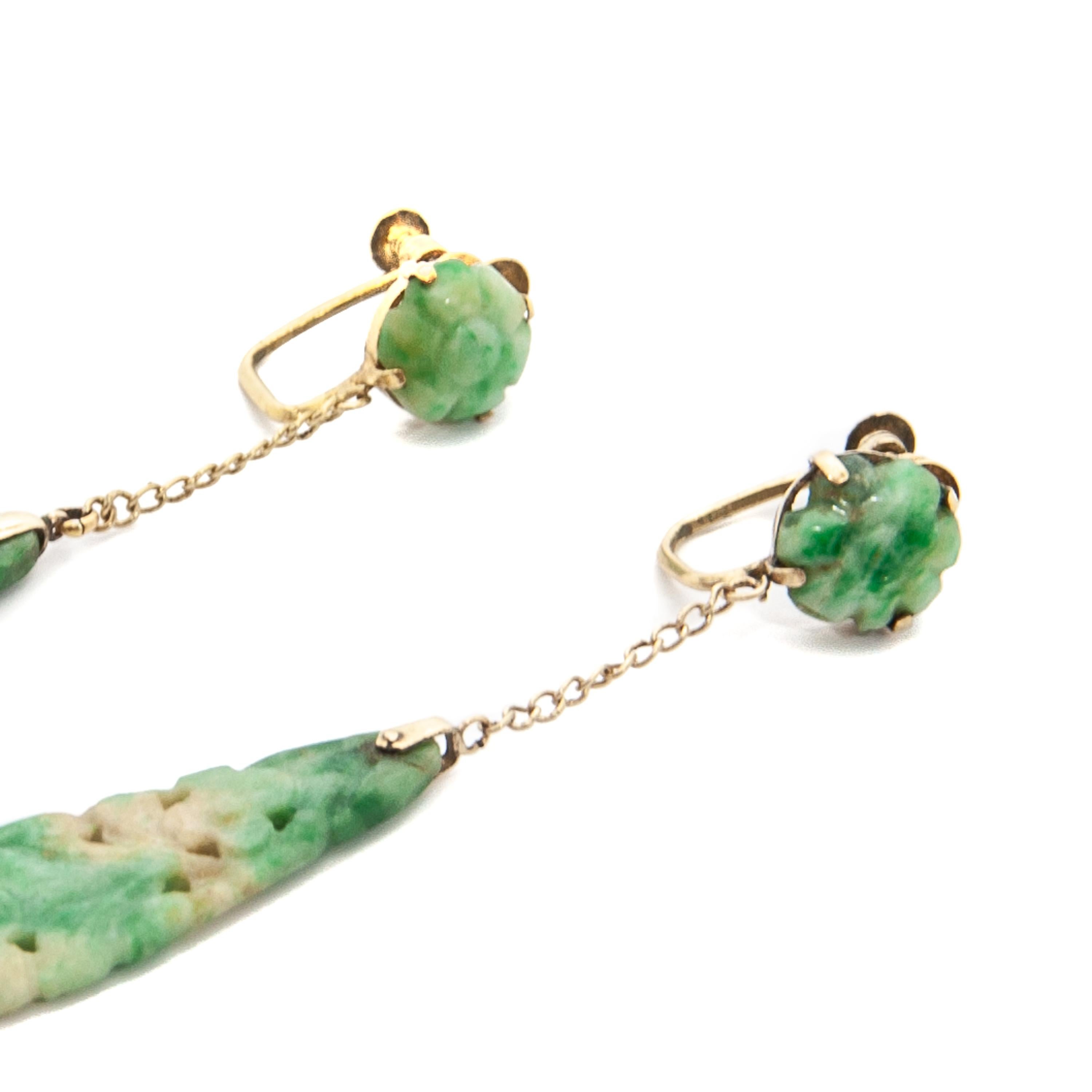 Vintage Art Deco Carved Jade Dangle Earrings at 1stDibs | antique jade ...