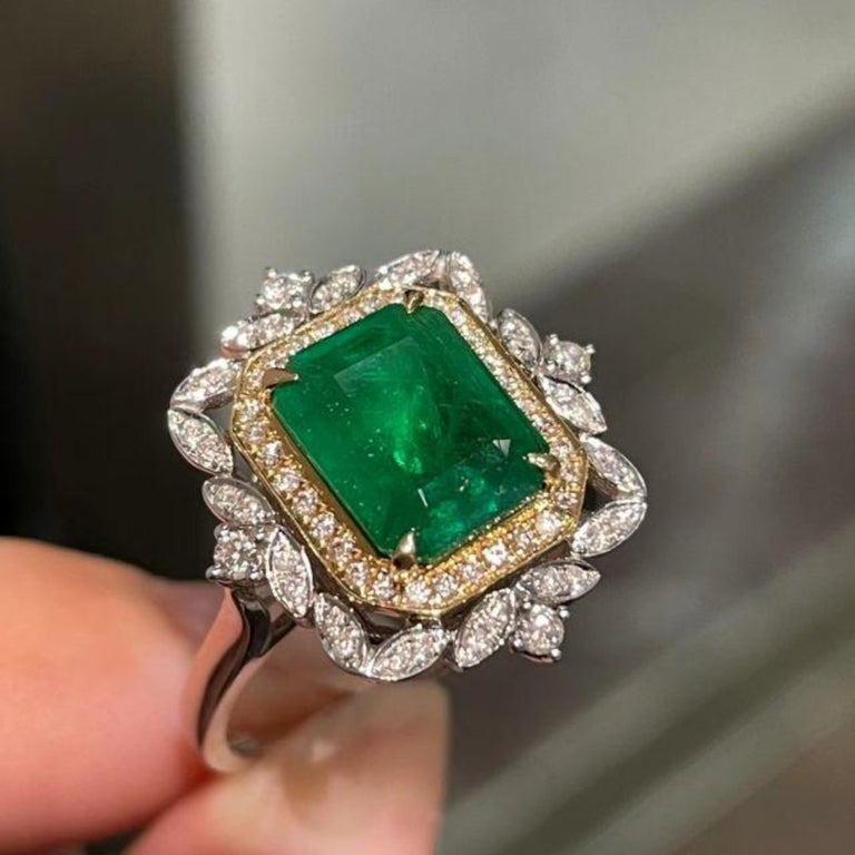 Art Deco Halo Natural Emerald Diamond Engagement Ring, Crown Shaped ...