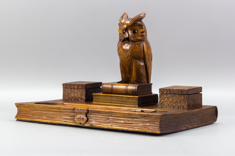 Art Deco Hand-Carved Book-Shaped Wooden Inkwell with Owl Figure, 1930s ...