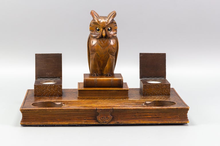 Art Deco Hand-Carved Book-Shaped Wooden Inkwell with Owl Figure, 1930s ...