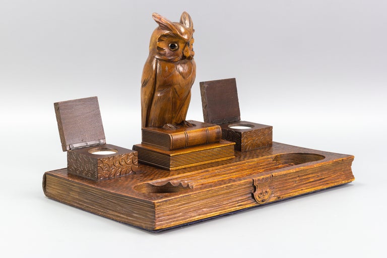 Art Deco Hand-Carved Book-Shaped Wooden Inkwell with Owl Figure, 1930s ...