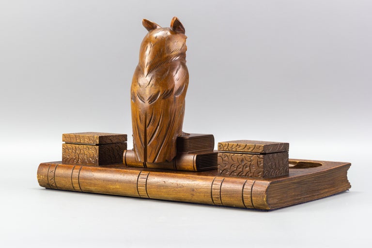Art Deco Hand-Carved Book-Shaped Wooden Inkwell with Owl Figure, 1930s ...