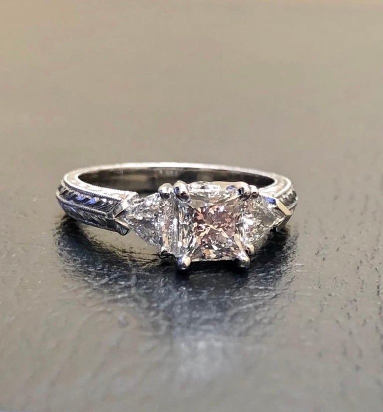 Art Deco Hand Engraved Platinum Three Stone Princess Cut Diamond ...