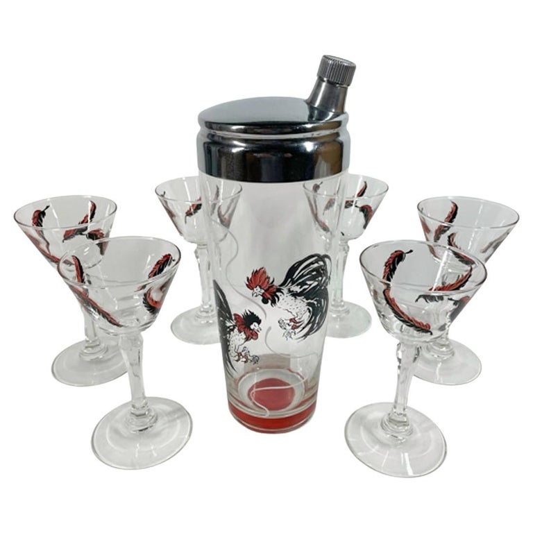 Art Deco, Hand Painted Rooster Cocktail Shaker and 6 Stemmed Glasses ...
