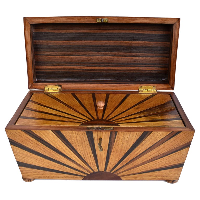 Art Deco Inlaid 'Sunray' Inlaid Tea Caddy Box with Key, c1930 For Sale ...