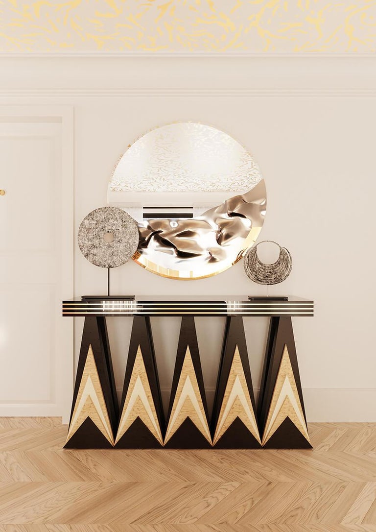 Art Deco Inspired Console Table In Wood and Gold Brushed Polished Brass ...