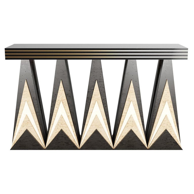 Art Deco Inspired Console Table In Wood and Gold Brushed Polished Brass ...