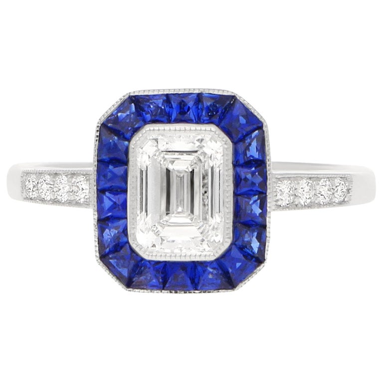Art Deco Inspired Diamond and Sapphire Target Engagement Ring Set in ...