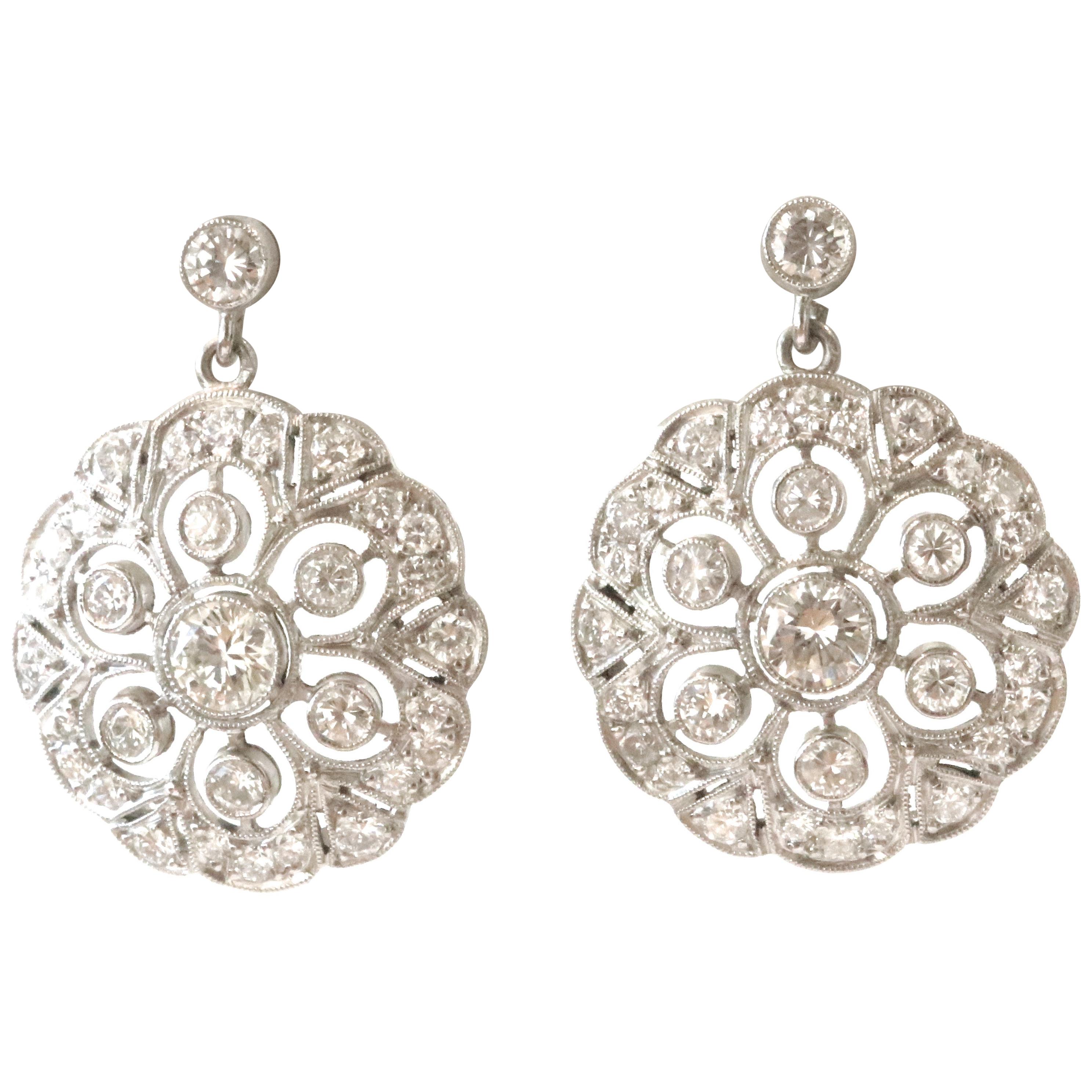 French Art Deco Waterfall Diamond Platinum Earrings at 1stDibs