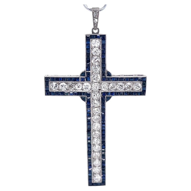Art Deco Inspired Diamond Sapphire Platinum Cross Pendant For Sale at ...
