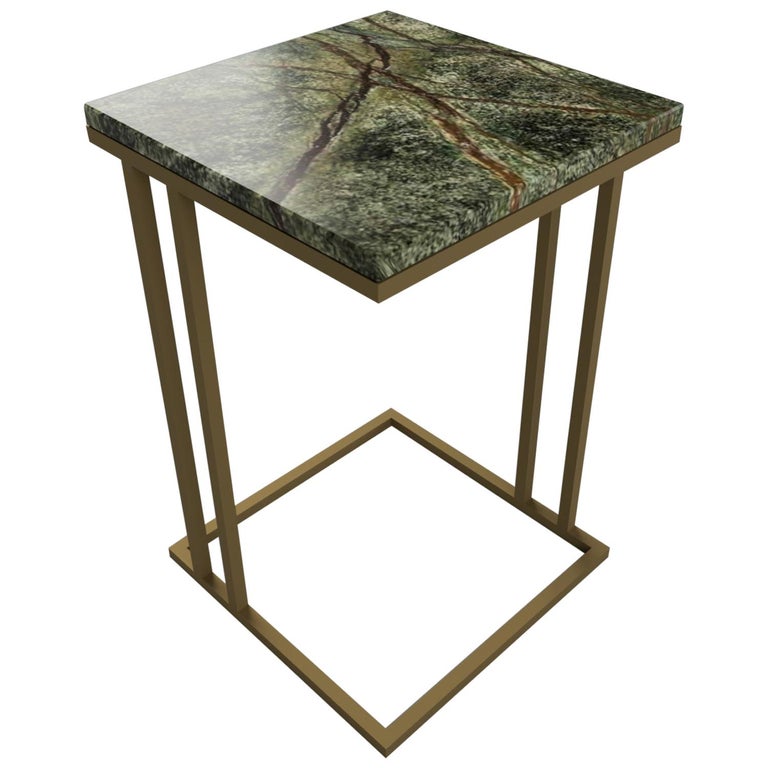 Art Deco Inspired Elio II Slim Side Table Squared Brass Plate and Marble Surface For Sale at 1stDibs
