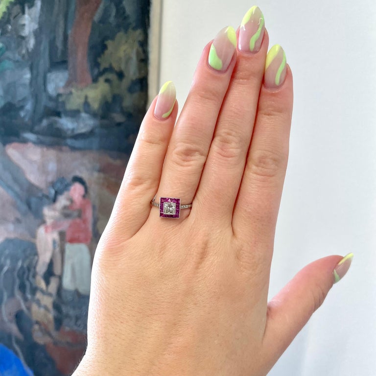 Art Deco Inspired Engagement Ring Princess Cut Diamond Ruby Ring For ...