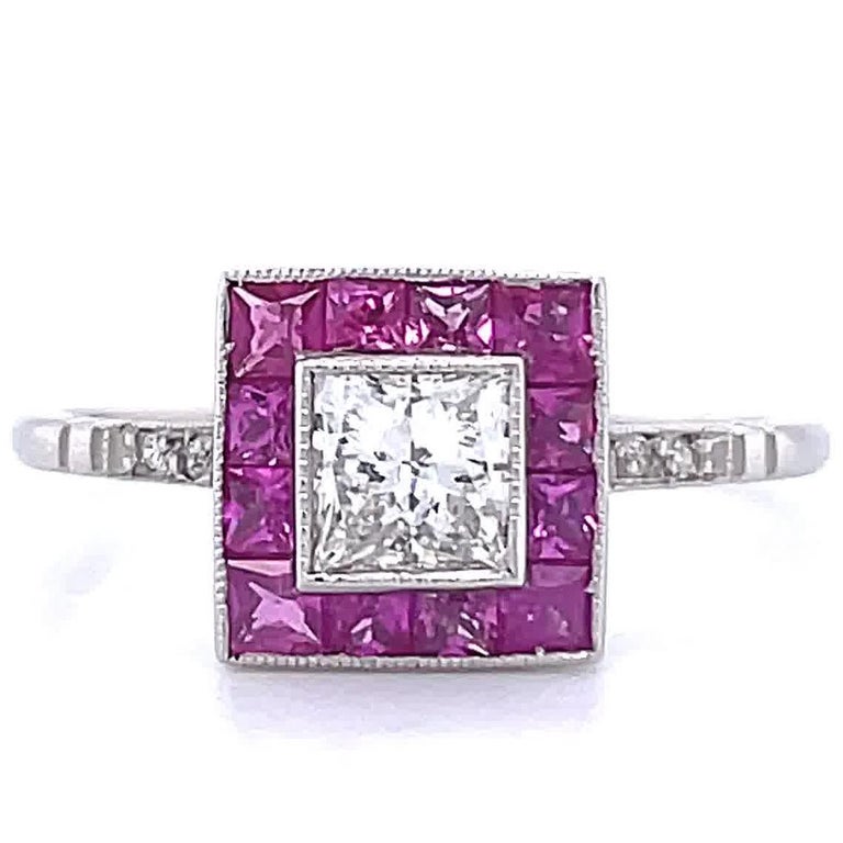 Art Deco Inspired Engagement Ring Princess Cut Diamond Ruby Ring For ...