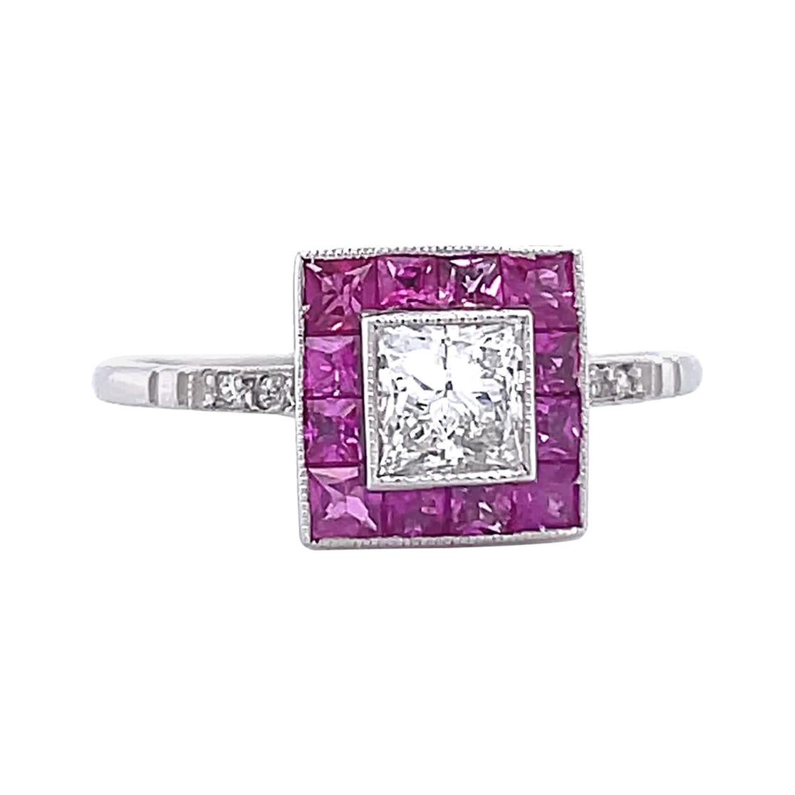 Art Deco Inspired Engagement Ring Princess Cut Diamond Ruby Ring For ...
