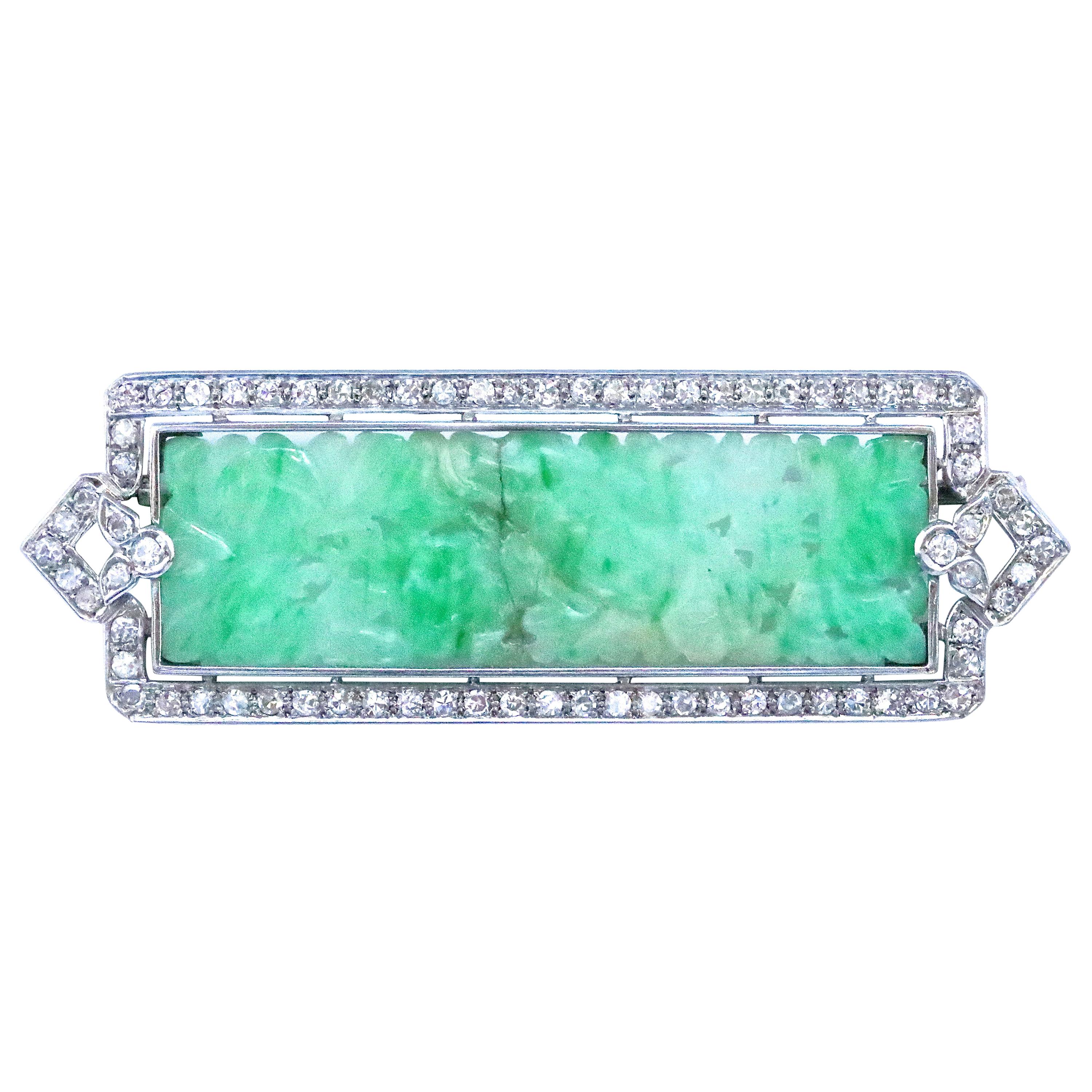 Art Deco Carved Jadeite Jade Platinum Brooch at 1stDibs