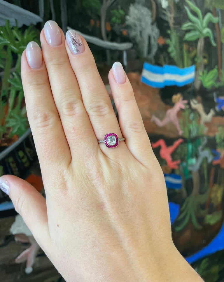 Art Deco Inspired Old Mine Cut Diamond Ruby Platinum Ring For Sale at ...