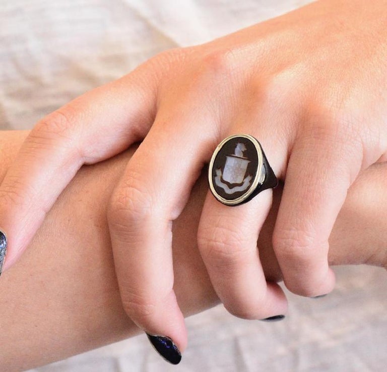 Art Deco Italian Nobility Intaglio Coat-of-Arms Enamel Platinum Signet ...