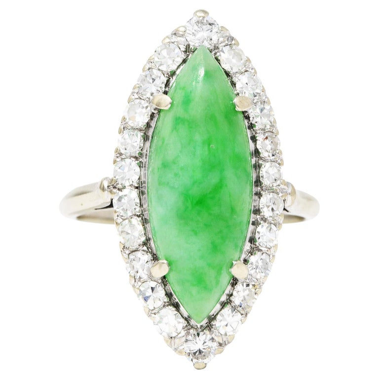 Art Deco Jade Cabochon Diamond 14 Karat White Gold Navette Vintage ...