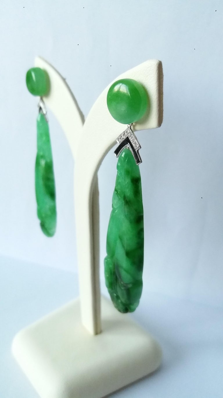 Art Deco Style Jade Gold Diamonds Black Enamel Carved Drop Earrings For ...