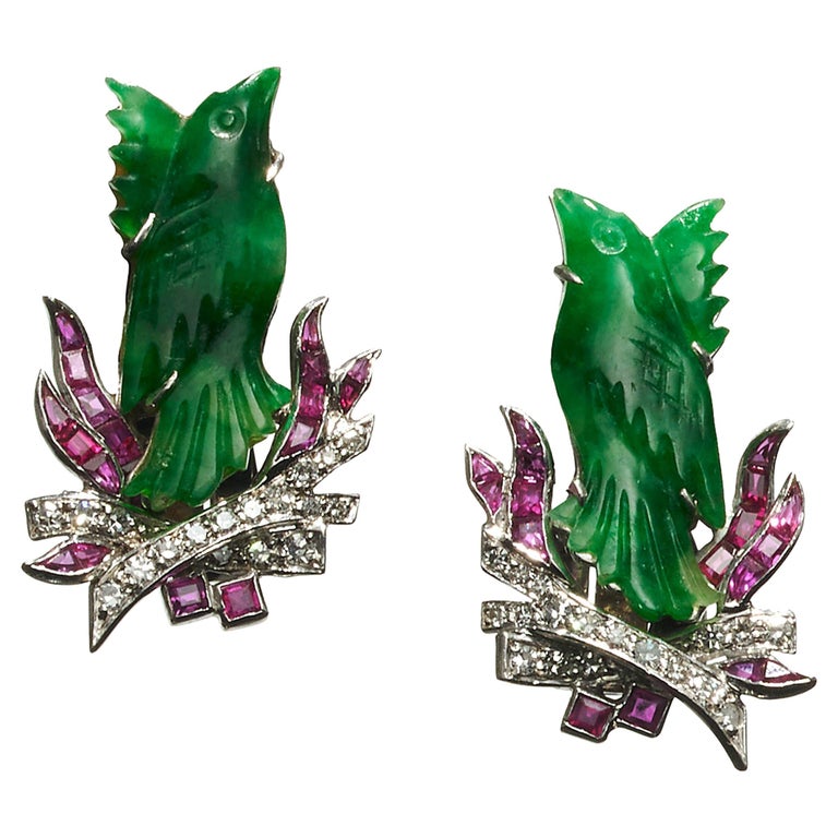 Art Deco Jade, Ruby, Diamond and Platinum Phoenix Earrings, Circa 1920 ...
