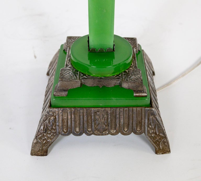 Art Deco Jadeite Green and Cast Metal Bridge Floor Lamp For Sale at 1stDibs