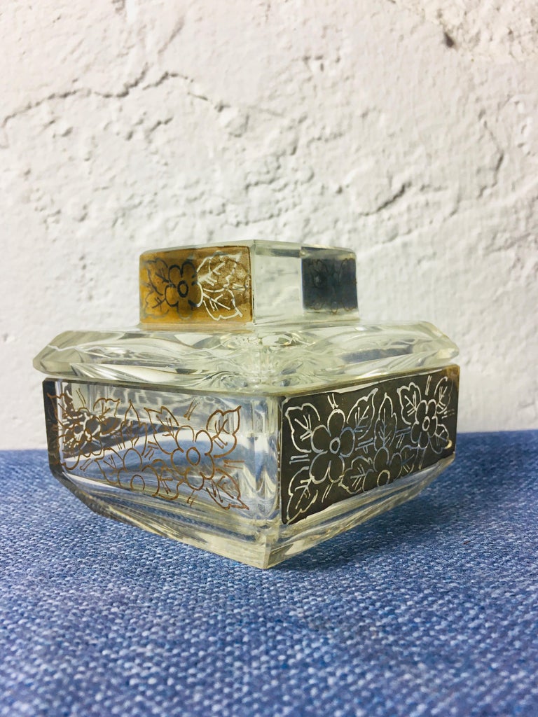 Art Deco Glass Jewelry Box with Floral Decor For Sale at 1stDibs