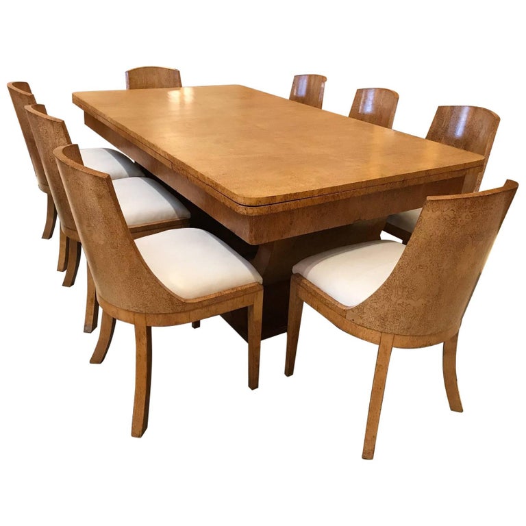 Art Deco Karelian Birch Dining Table and Eight Matching Chairs at 1stDibs