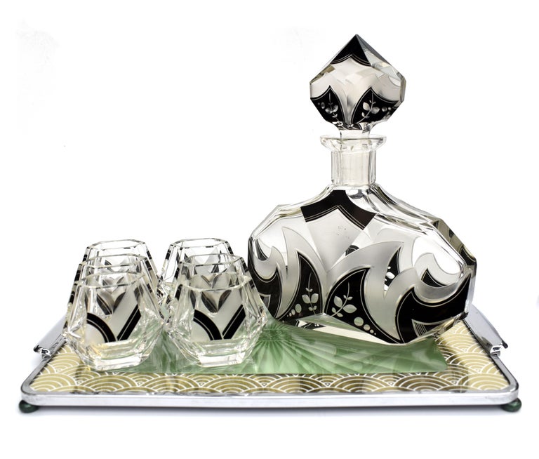 Art Deco Karl Palda Glass Decanter Set with 6 Matching Glasses, C1930 ...