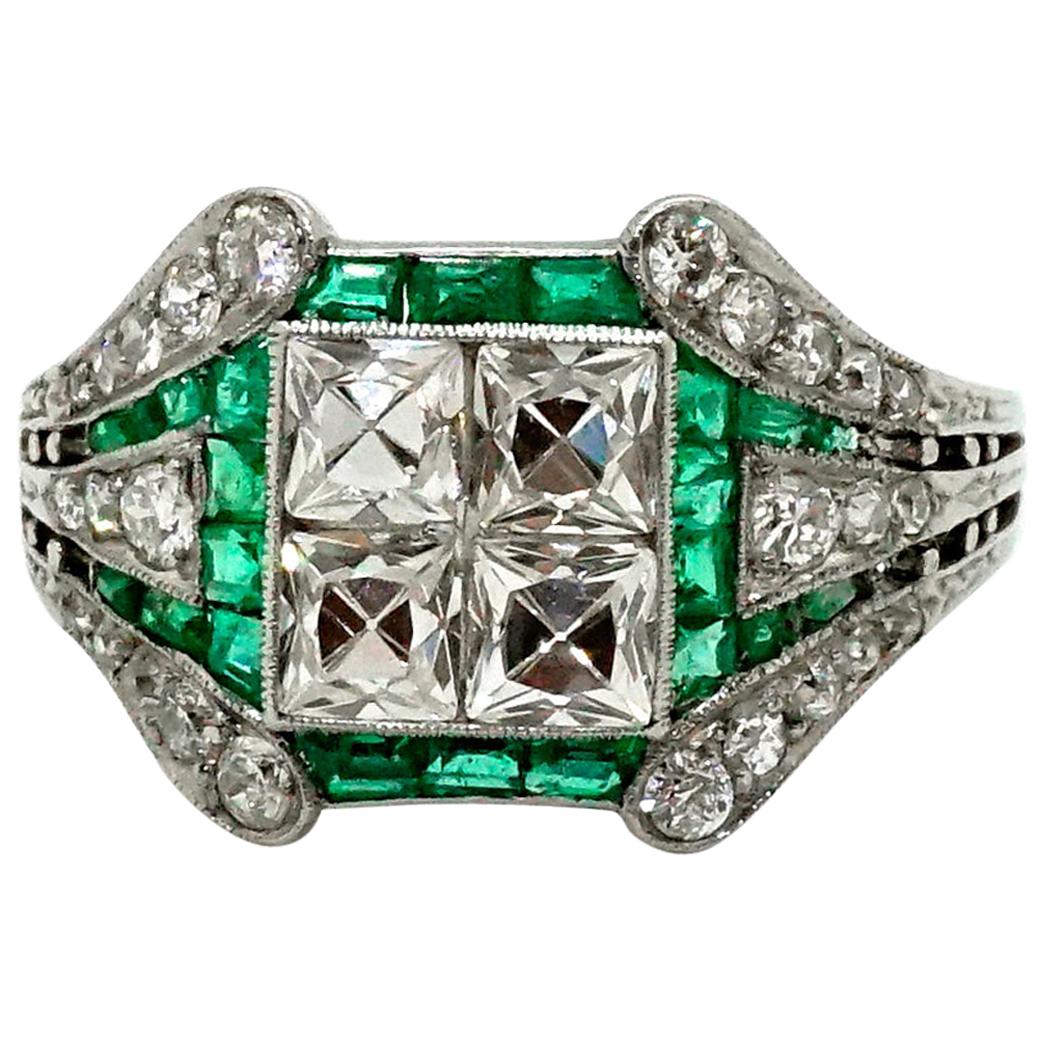 Art Deco Ladies Ring 950 Platinum Diamonds and Emeralds 1.90 Carat ...
