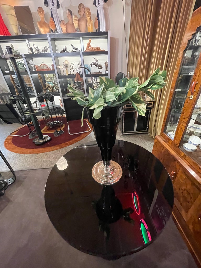 Art Deco Large Black Glass Vase with Chrome Base For Sale at 1stDibs