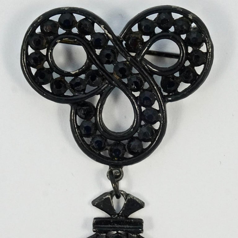 Art Deco Large Hand Cut French Jet Brooch with Long Black Chain Tassels ...
