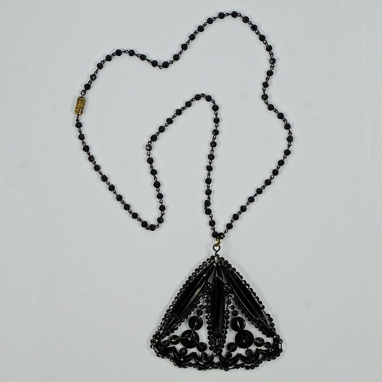 Art Deco Large Hand Cut French Jet Pendant and Beaded Chain Necklace ...