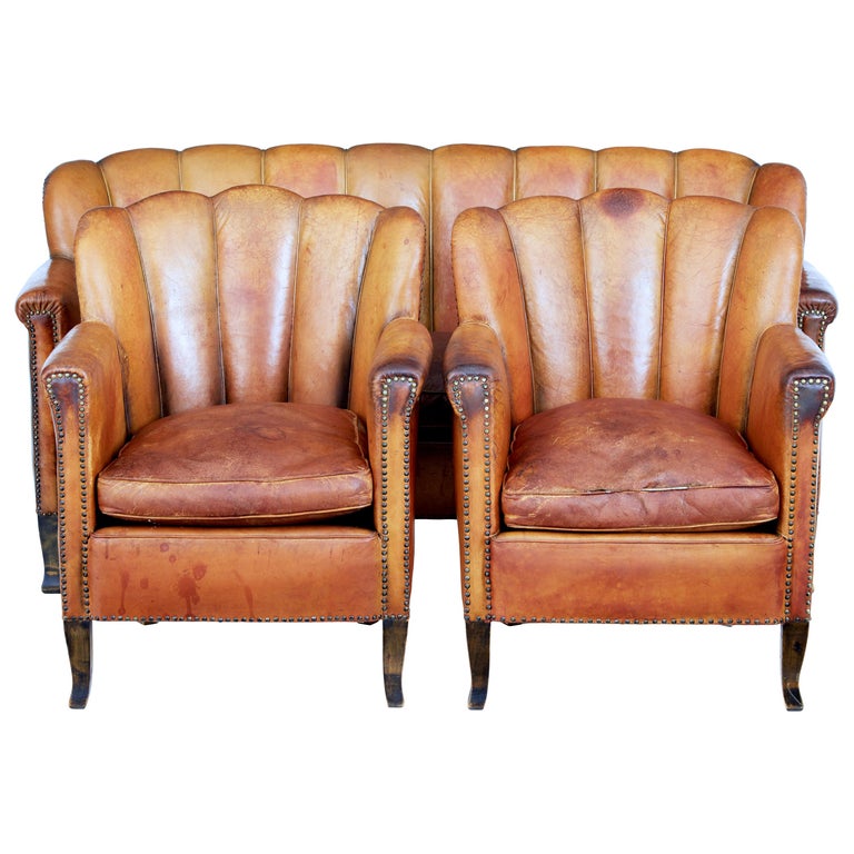 Art Deco Leather Shell Back 3-Piece Suite at 1stDibs