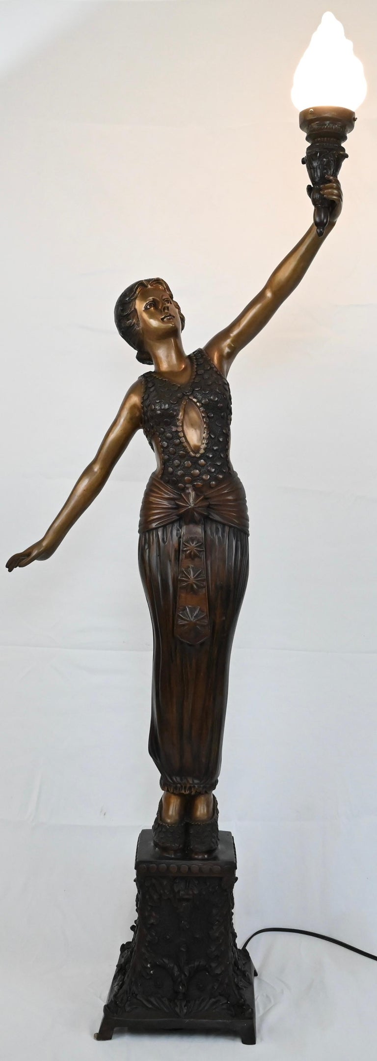 Art Deco Life-Size Bronze Lamp Statue with Torchiere For Sale at 1stDibs