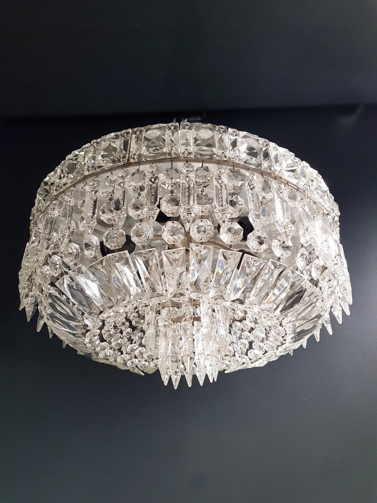 Art Deco Low Plafonnier Silver Crystal Chandelier Lustre Ceiling Lamp ...